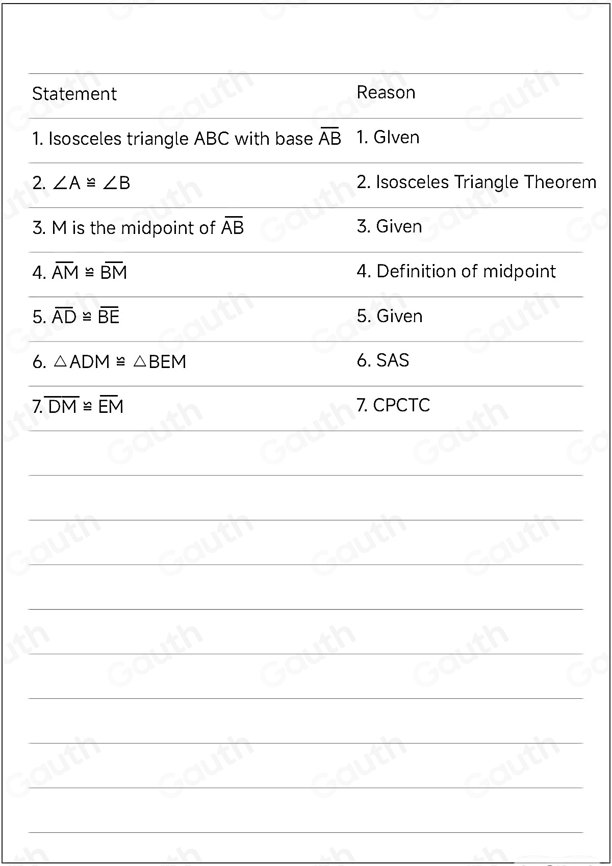 تم الحل:Given: Isosceles triangle ABC with base overline AB M is the ...