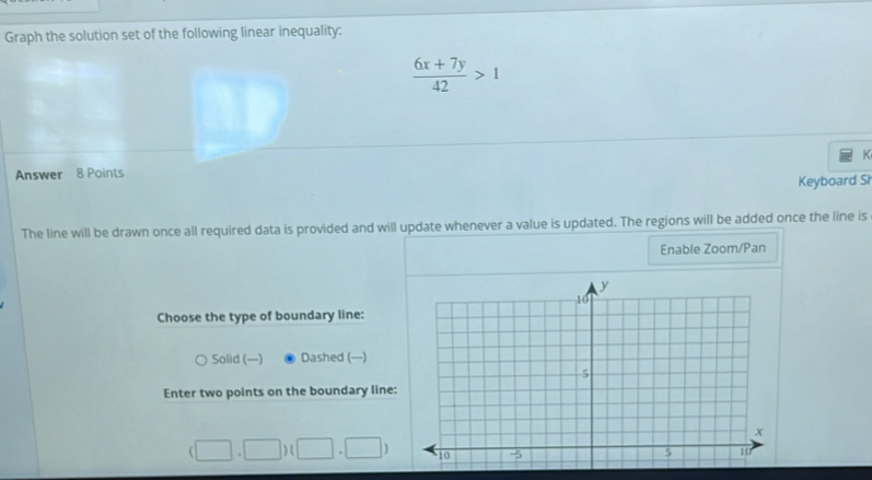 Solved: Graph the solution set of the following linear inequality: (6x+7y)/42 >1 Answer 8 Points ...