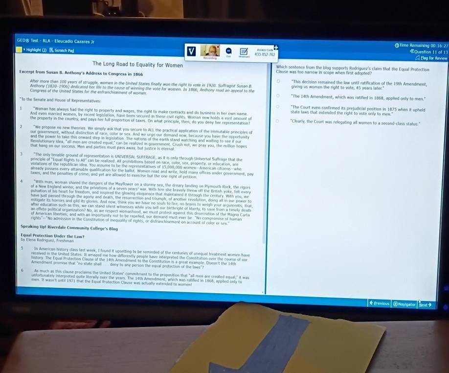 Solved: GED® Test - RLA - Eleucadio Cazares Jr Question 11 of 17 ⑤Time ...
