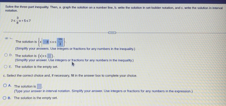 Solved: Solve the three-part inequality. Then, a. graph the solution on ...