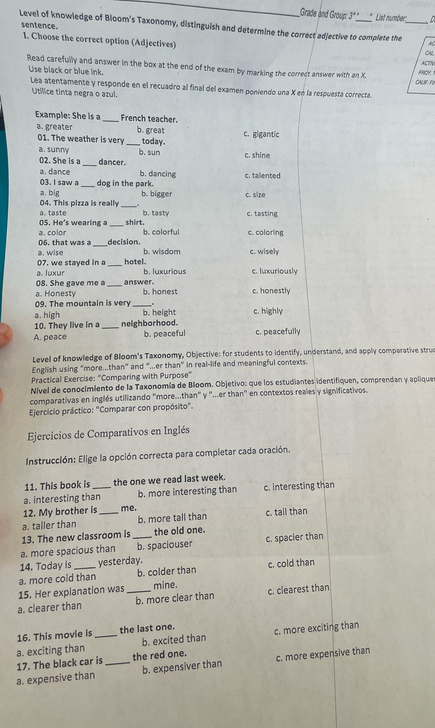 Resuelto:Grade and Group: 3°___ List number. D sentence. Level of ...