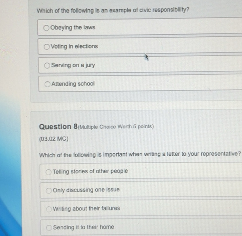 Solved: Which of the following is an example of civic responsibility ...