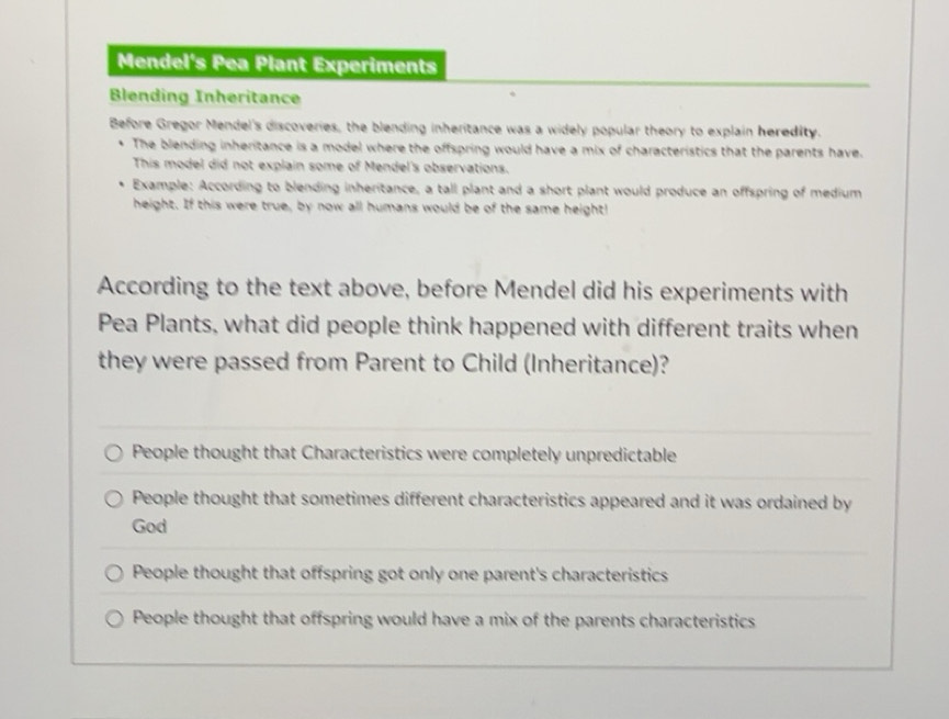 Gelöst:Mendel's Pea Plant Experiments Blending Inheritance Before ...