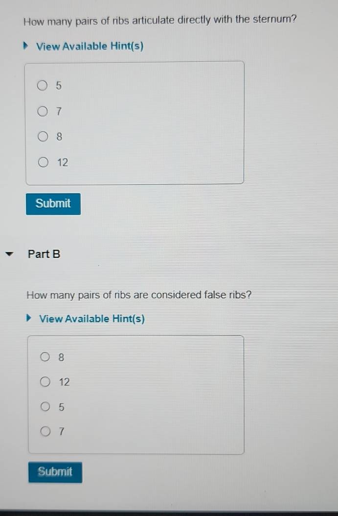 Solved: How many pairs of ribs articulate directly with the sternum ...