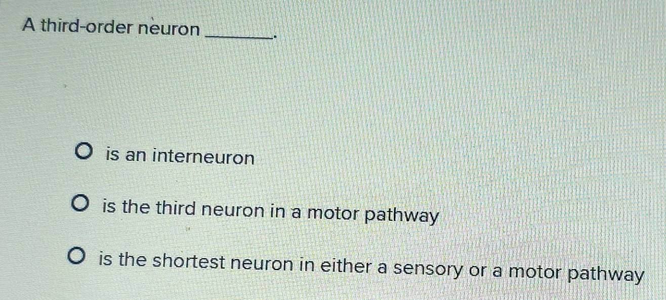 Solved: A third-order neuron_ . is an interneuron is the third neuron ...
