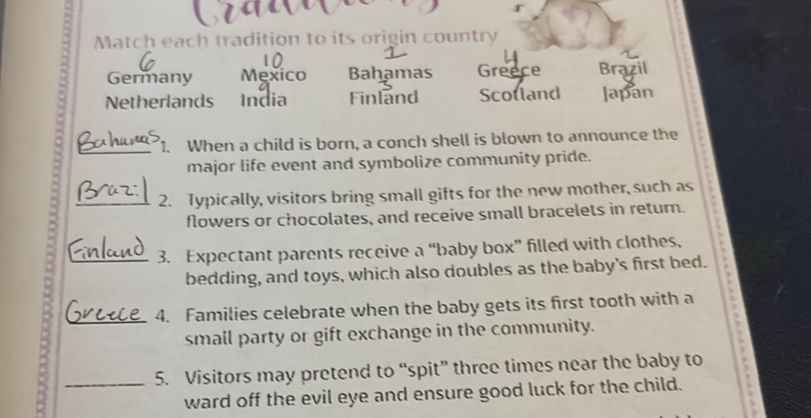 Solved: Match each tradition to its origin country Germany Mexico ...