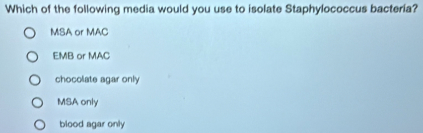 Solved: Which of the following media would you use to isolate ...