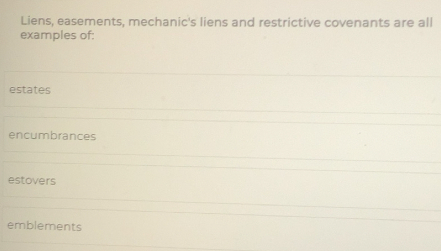 Solved: Liens, easements, mechanic's liens and restrictive covenants ...
