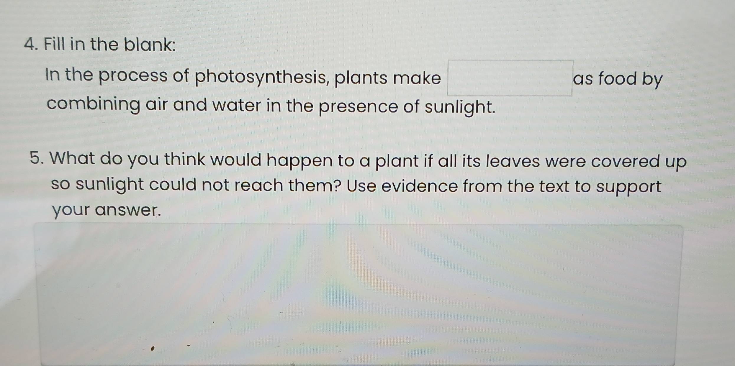 Solved: Fill in the blank: In the process of photosynthesis, plants ...