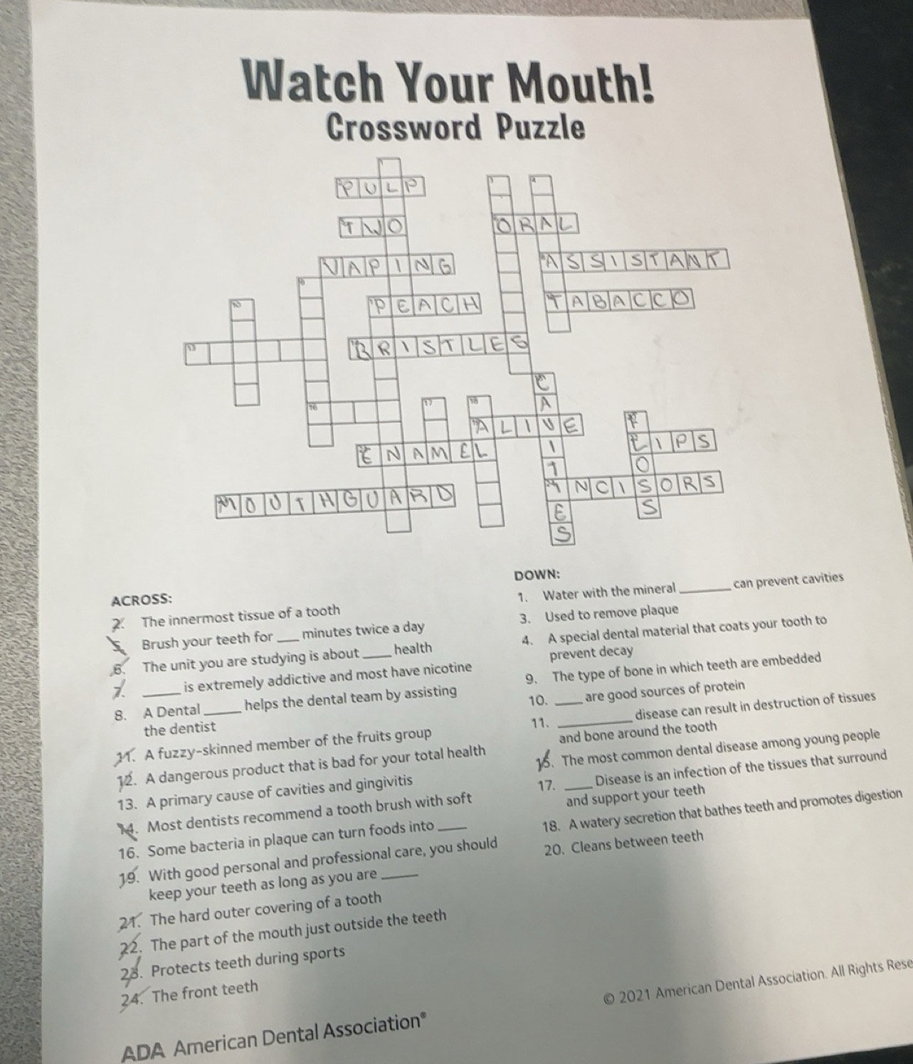 Solved: Watch Your Mouth! Crossword Puzzle DOWN: ACROSS: The innermost ...