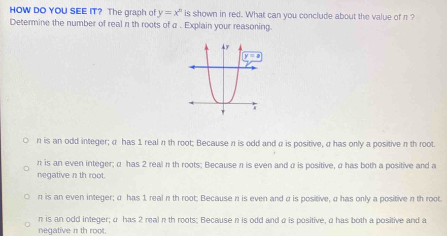 Solved: HOW DO YOU SEE IT? The graph of y=x^n is shown in red. What can ...