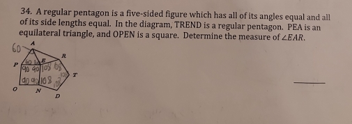 Solved: A regular pentagon is a five-sided figure which has all of its ...