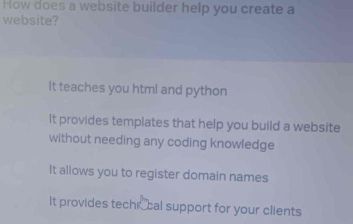 Solved: How does a website builder help you create a website? It teaches you html and python It ...
