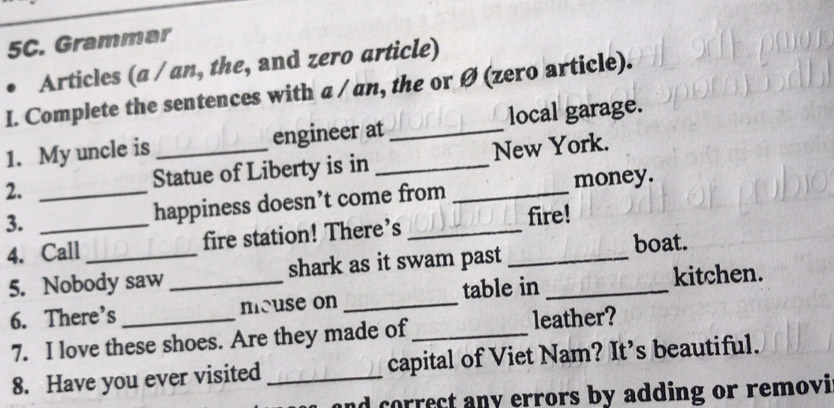 Giải quyết:Grammar Articles (a / an, the, and zero article) I. Complete ...