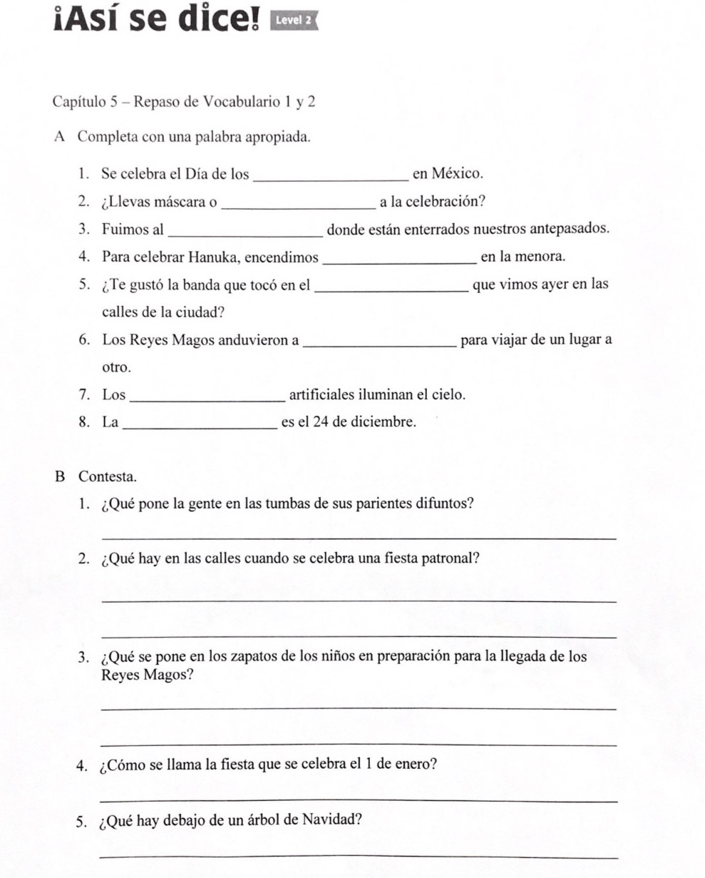 Solved: ¡Así se dice! Level 2 Capítulo 5 - Repaso de Vocabulario 1 y 2 ...