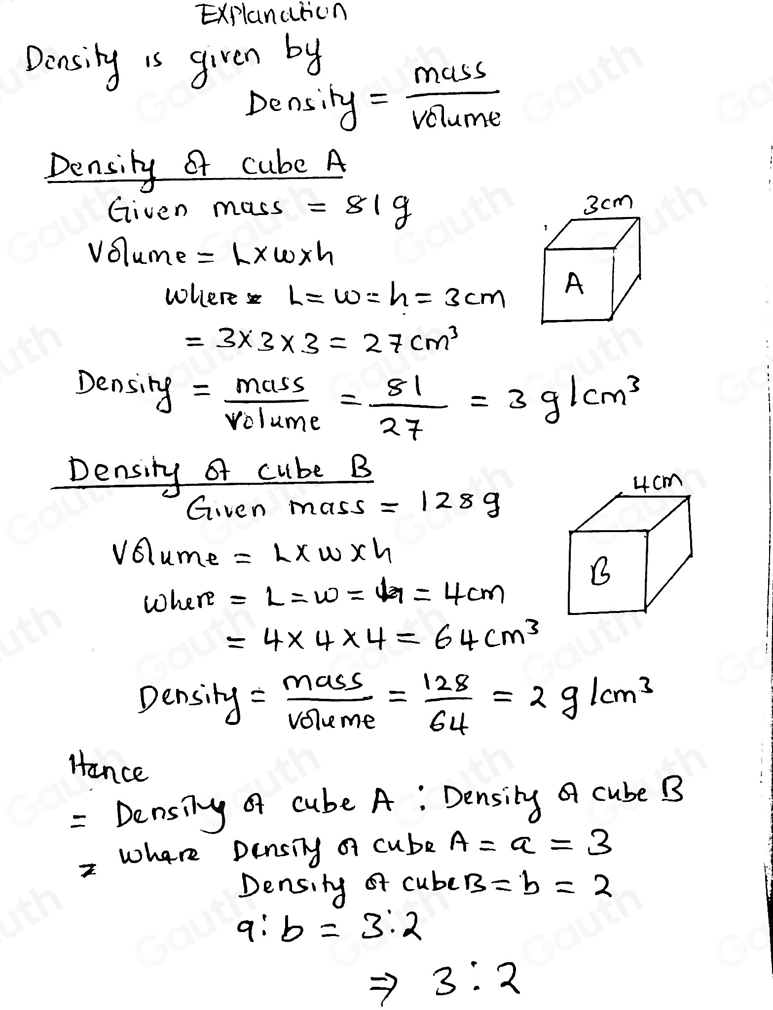 Solved: Here are two cubes, A and B. Cube A has a mass of 81(g) Cube B ...