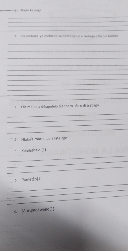 Solved: Theto ke eng? _ _ _ _ 2. Efa mehuta ye mehlano ya direto yeo o ...