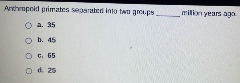 Solved: Anthropoid primates separated into two groups _ million years ...