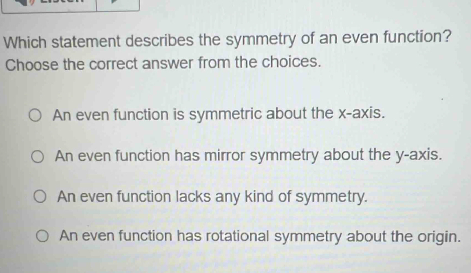 Solved: Which statement describes the symmetry of an even function ...