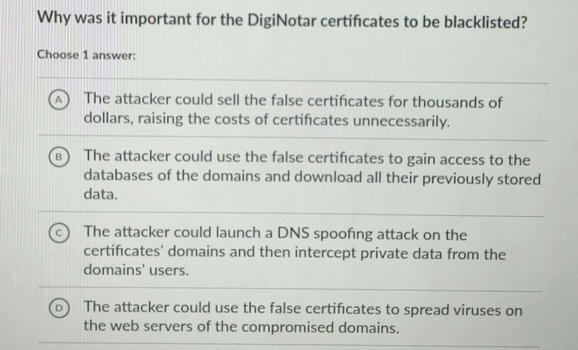 Solved: Why was it important for the DigiNotar certifcates to be ...