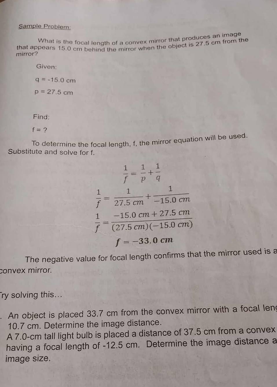 Solved: Sample Problem: What is the focal length of a convex mirror ...