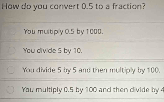 Solved: How do you convert 0.5 to a fraction? You multiply 0.5 by 1000 ...