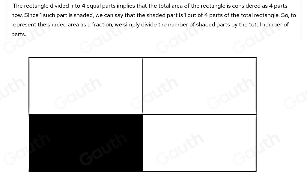 Solved: Partition the rectangle into 4 equal parts. Shade 1 part. Then ...