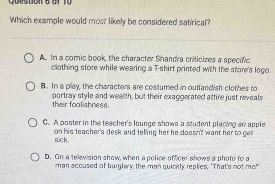 Solved: of TV Which example would most likely be considered satirical ...