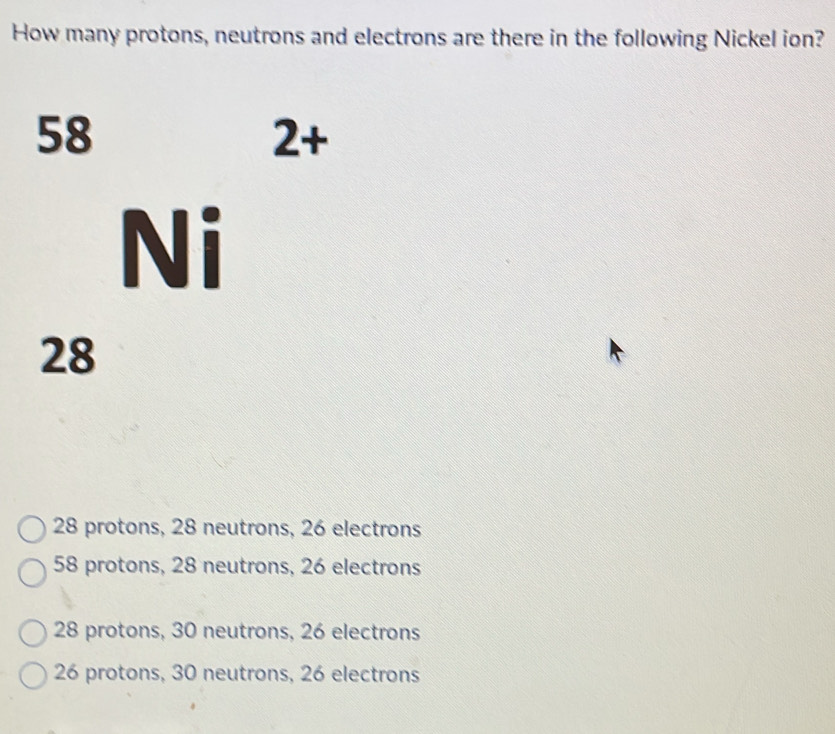 Solved: How many protons, neutrons and electrons are there in the following Nickel ion? 58 2 ...