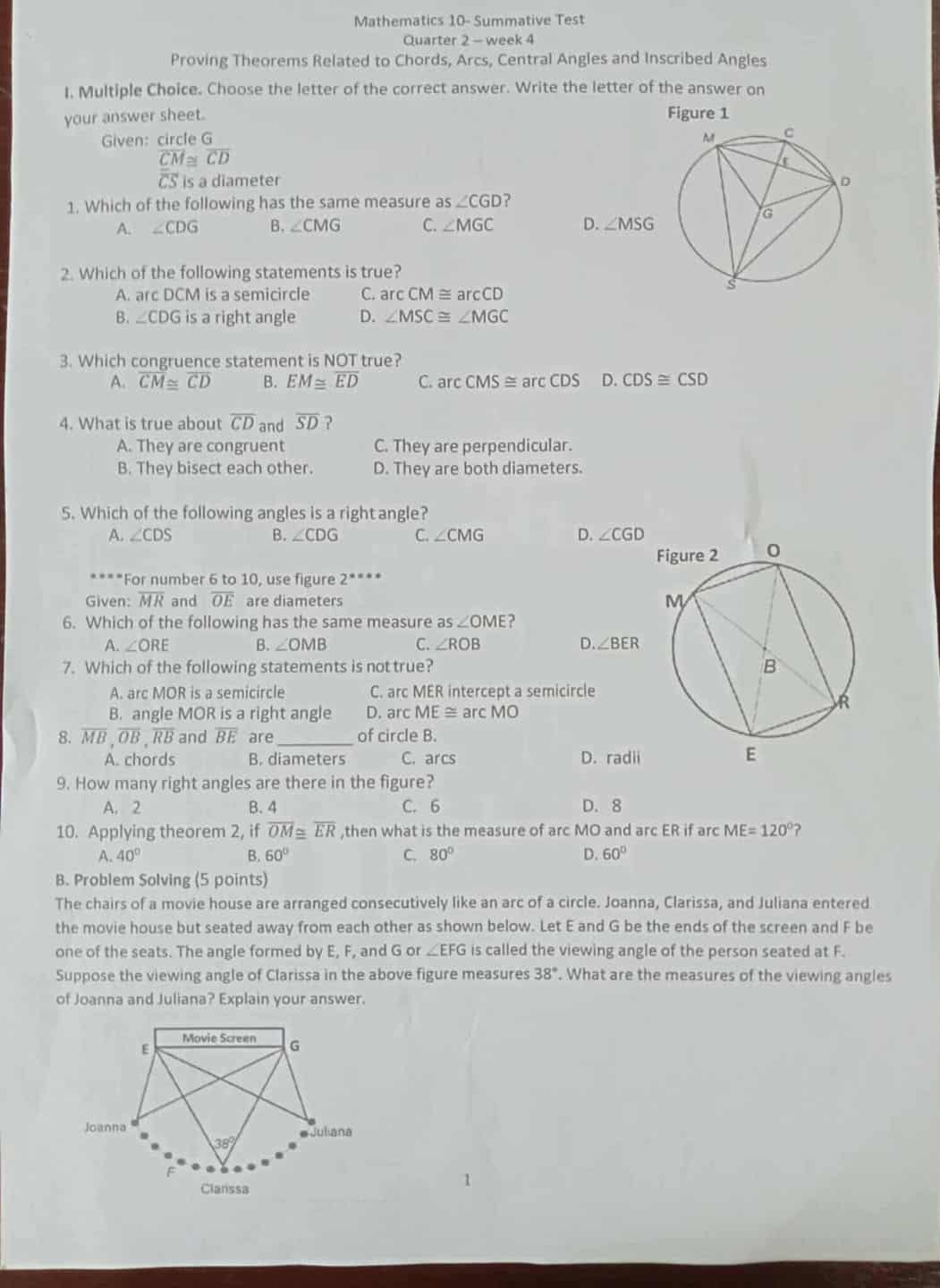 Solved: Mathematics 10- Summative Test Quarter 2 - week 4 Proving ...