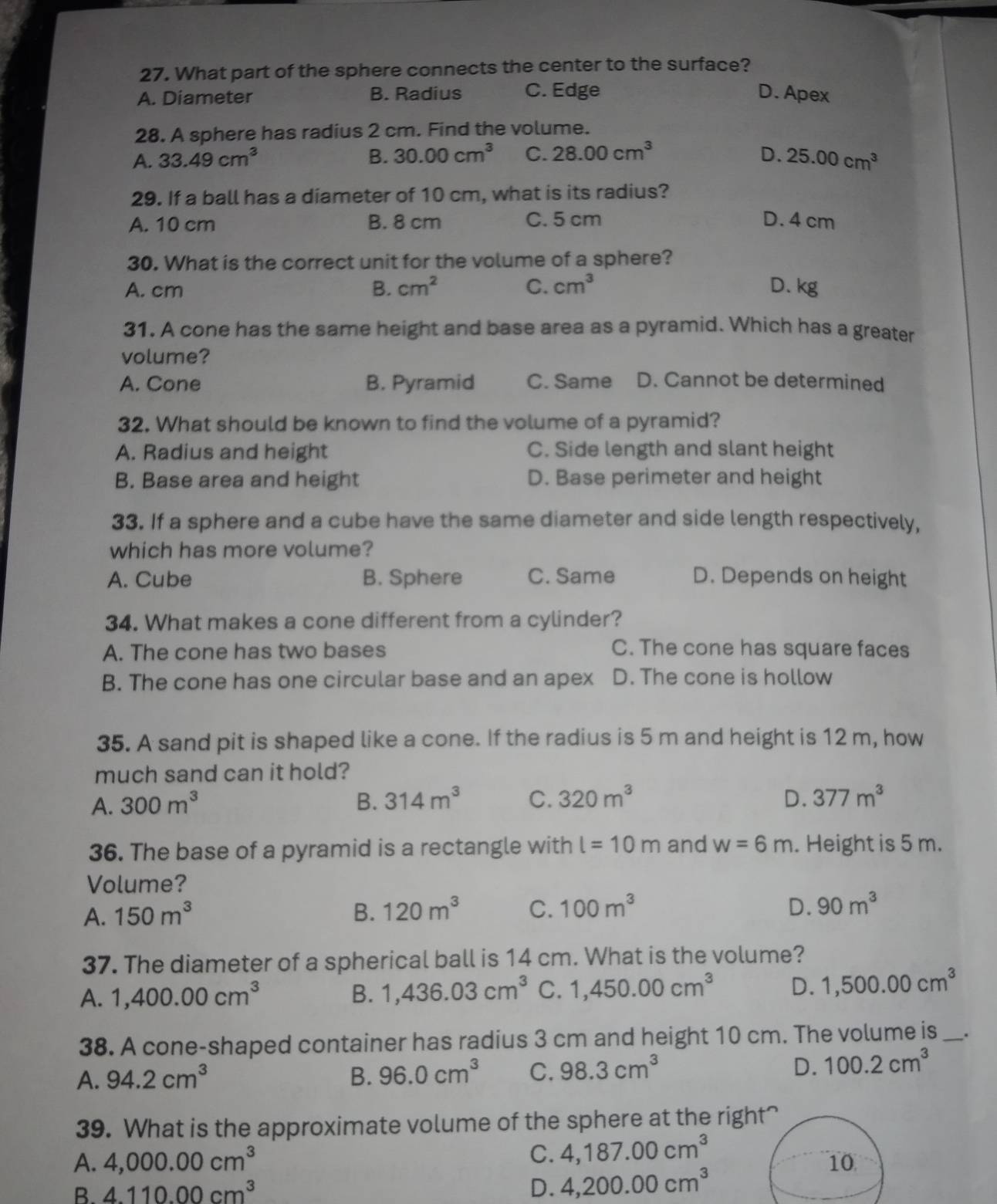 Solved: What part of the sphere connects the center to the surface? A ...