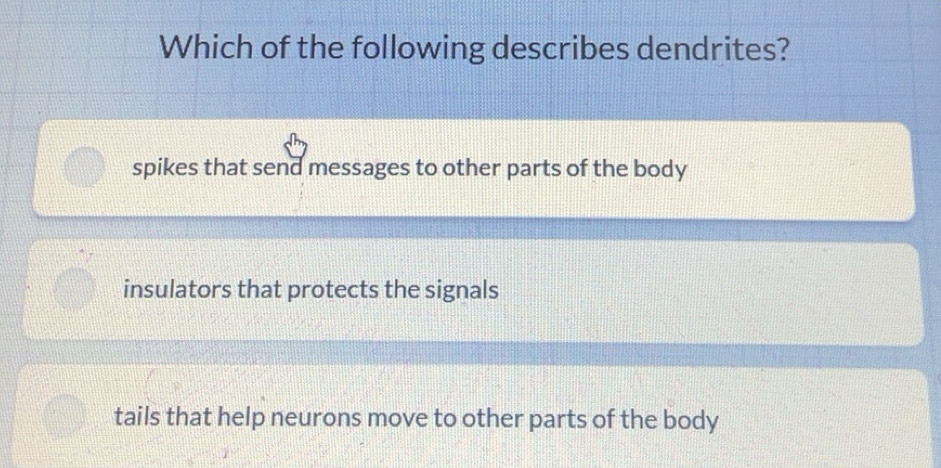 Solved: Which of the following describes dendrites? spikes that send ...