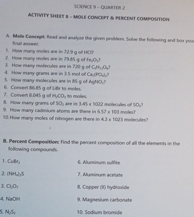 Solved: SCIENCE 9 - QUARTER 2 ACTIVITY SHEET 8 - MOLE CONCEPT & PERCENT ...