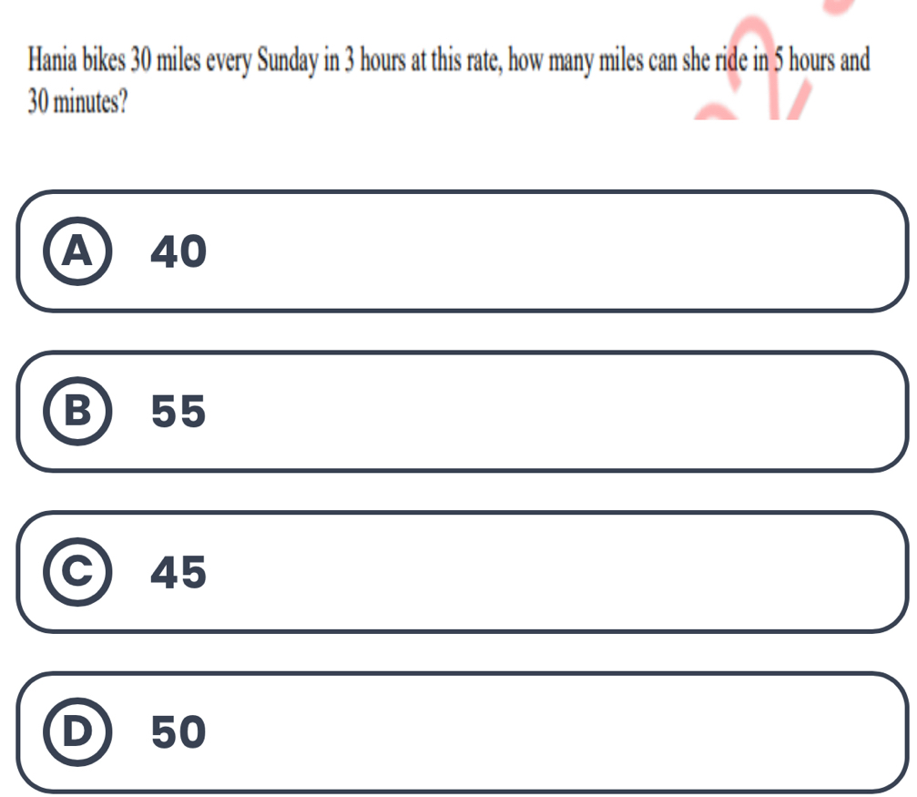 تم الحل:Hania bikes 30 miles every Sunday in 3 hours at this rate, how ...