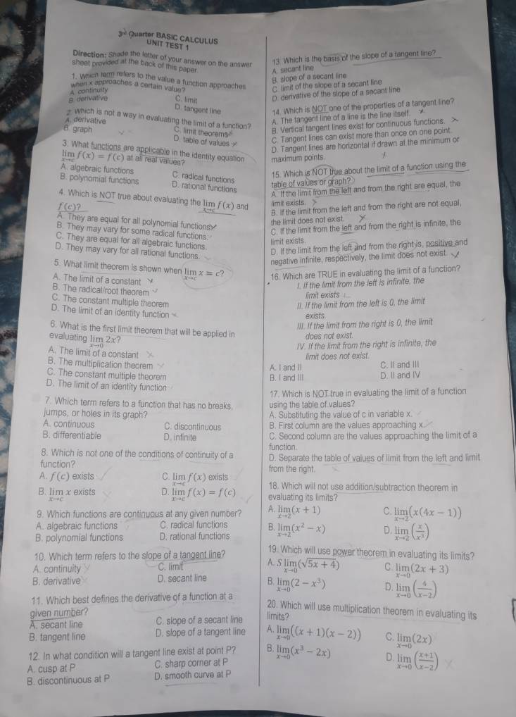 Solved: 3^(12) Quarter BASIC CALCULUS UNIT TEST 1 Direction: Shade the ...