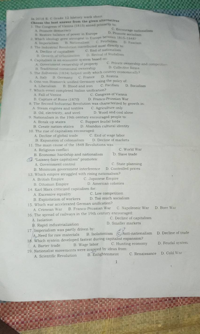 Gelöst:In 2018 E. C Grade 12 history work sheet Choose the best answer ...