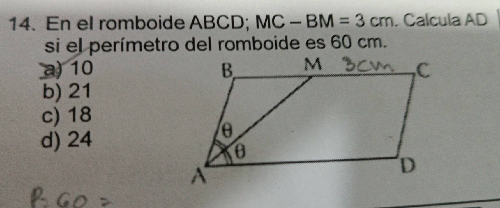 Resuelto:En el romboide ABCD; MC-BM=3cm. Calcula AD si el perímetro del ...