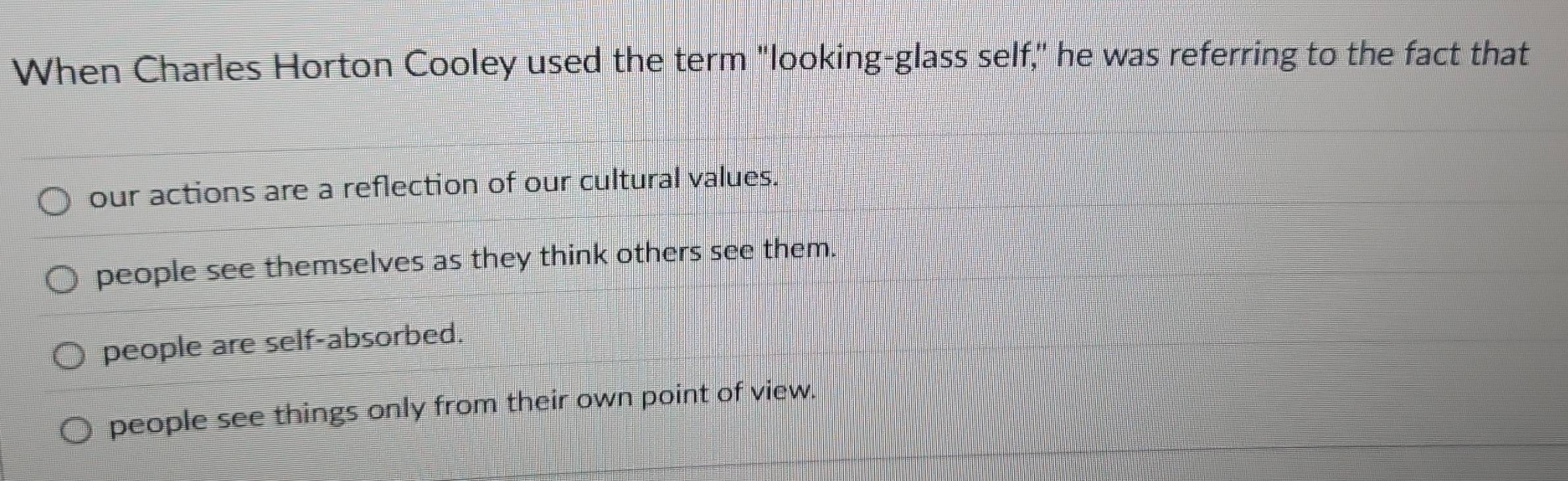 Solved: When Charles Horton Cooley used the term "looking-glass self ...