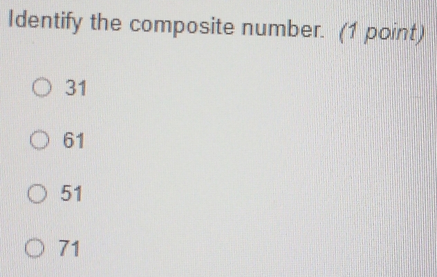 Solved: Identify the composite number. (1 point) 31 61 51 71 [Statistics]