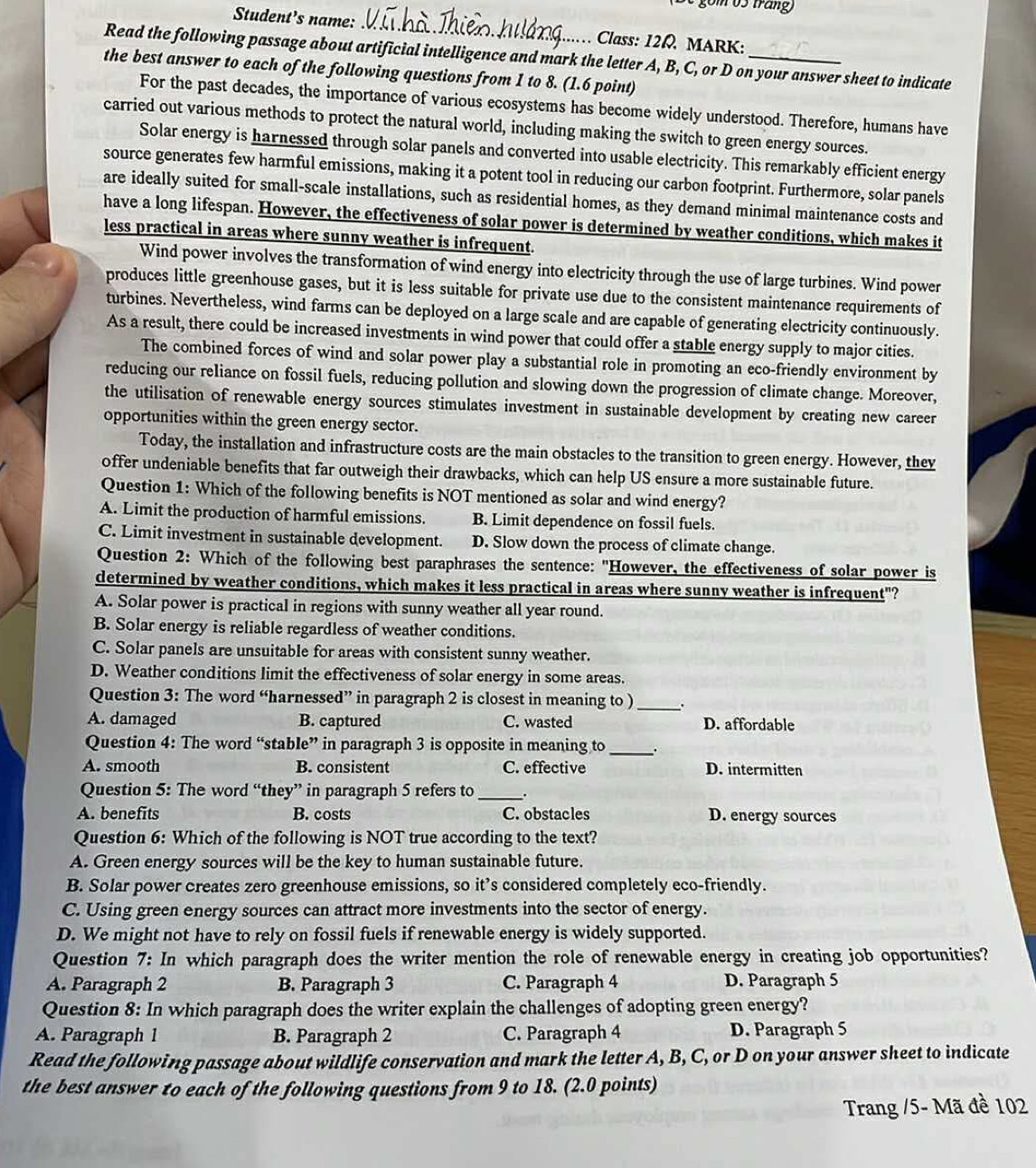 Giải quyết:Le gom os tran Student’s name: Class: 12Q. MARK: Read the ...