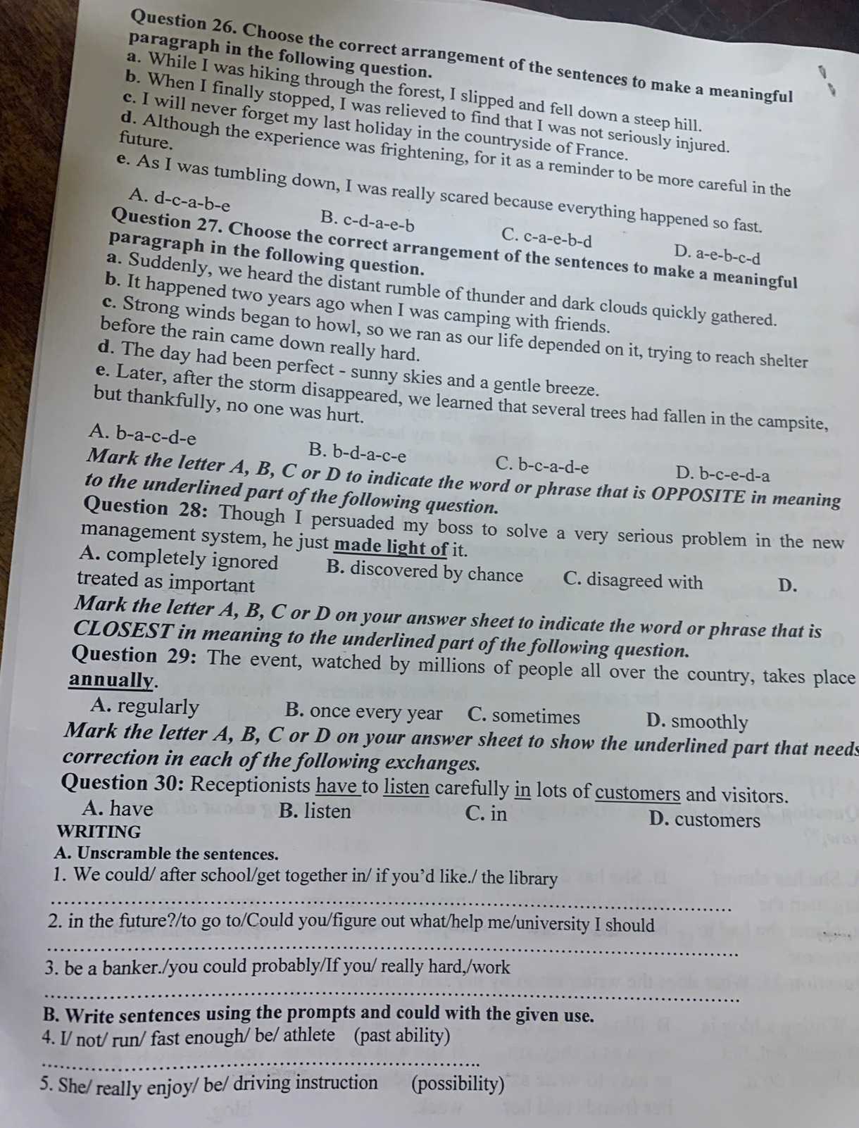 Giải quyết:paragraph in the following question. Question 26. Choose the ...