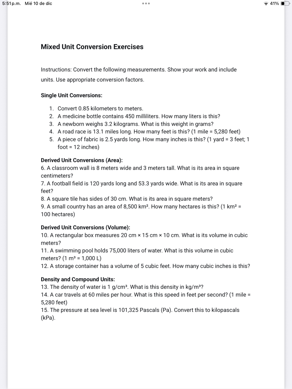 Resuelto:5:51p.m. Mié 10 de dic 41% Mixed Unit Conversion Exercises ...