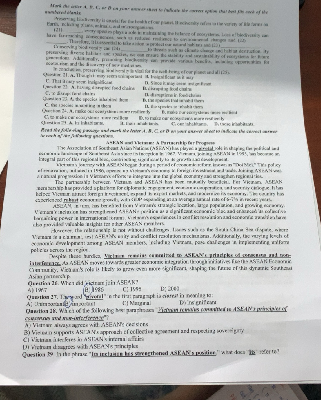 Giải quyết:Mark the letter A, B, C, or D on your answer sheet to ...