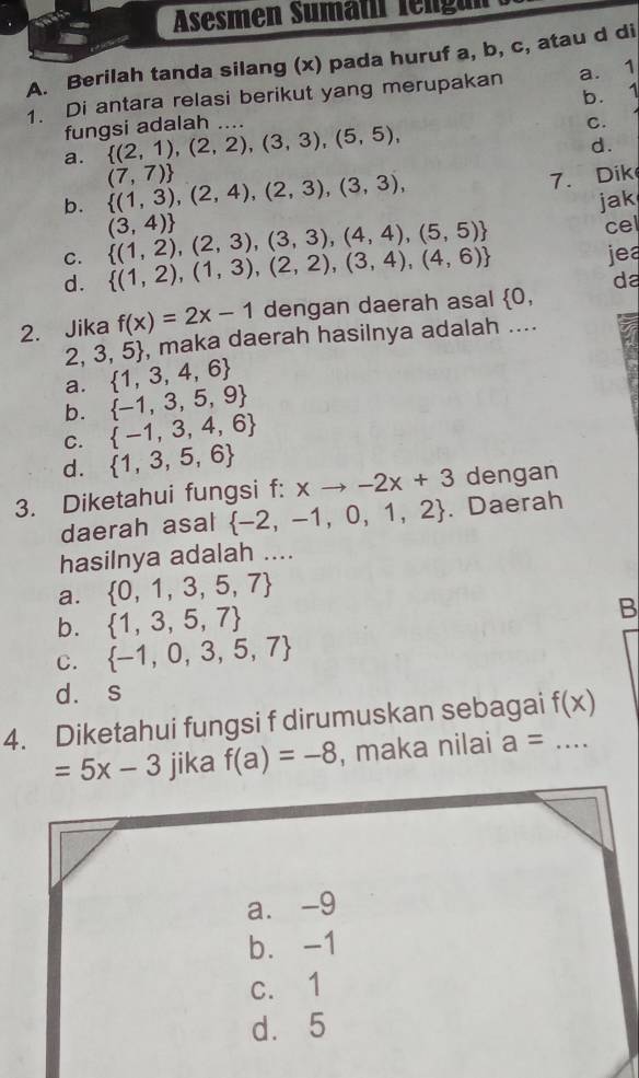 Telah dijawab:Asesmen Sumatil fengun A. Berilah tanda silang (x) pada ...