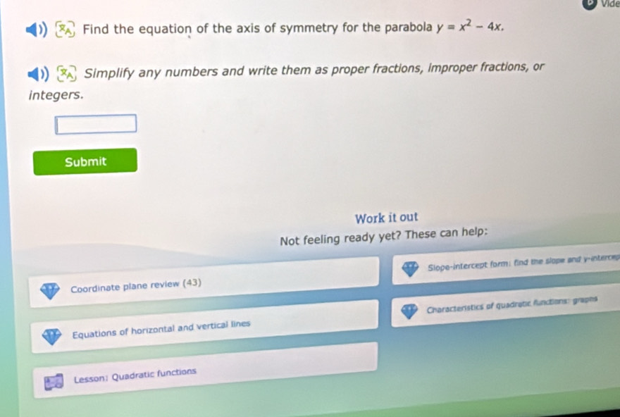 Solved: Vide Find the equation of the axis of symmetry for the parabola ...