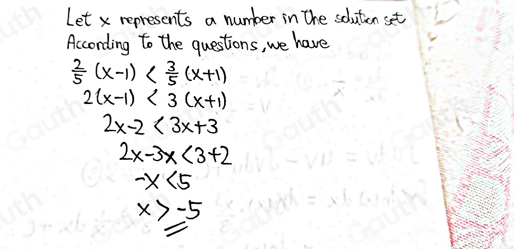 Solved: Two-fifths of one less than a number is less than three-fifths ...