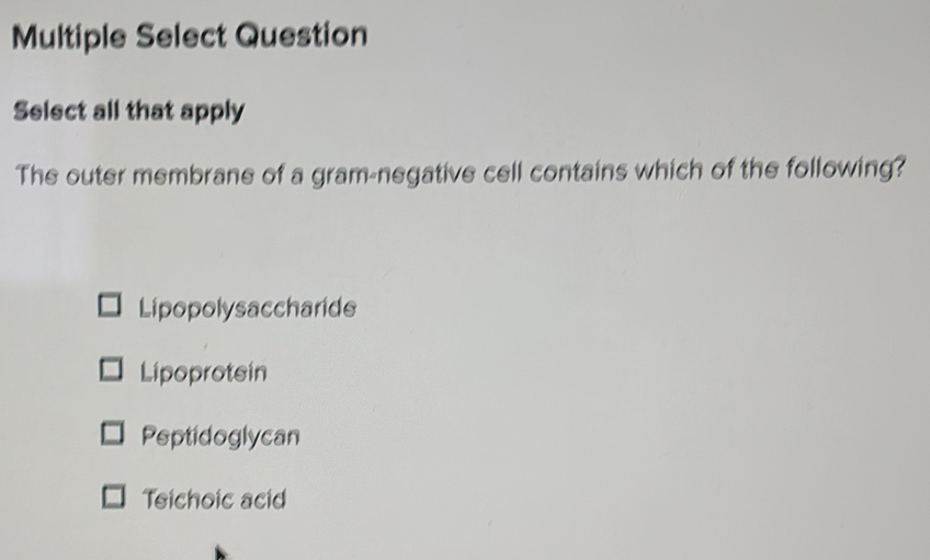 Solved: Multiple Select Question Select all that apply The outer membrane of a gram-negative ...