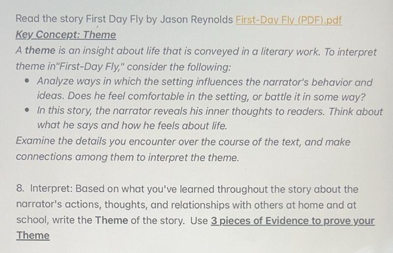 Solved: Read the story First Day Fly by Jason Reynolds First-Day Fly ...