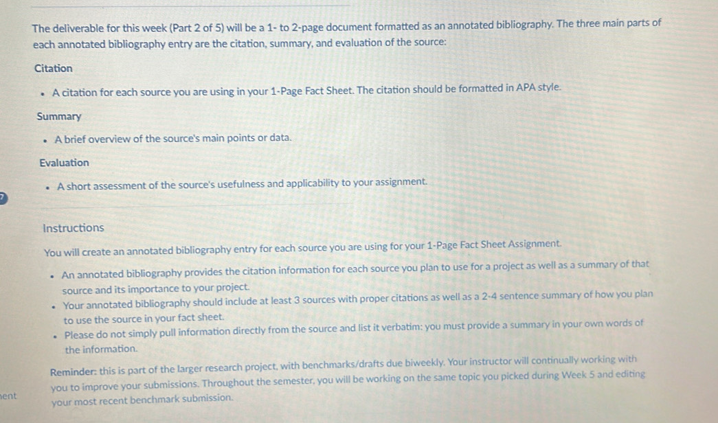 Solved: The deliverable for this week (Part 2 of 5) will be a 1 - to 2 -page document formatted ...