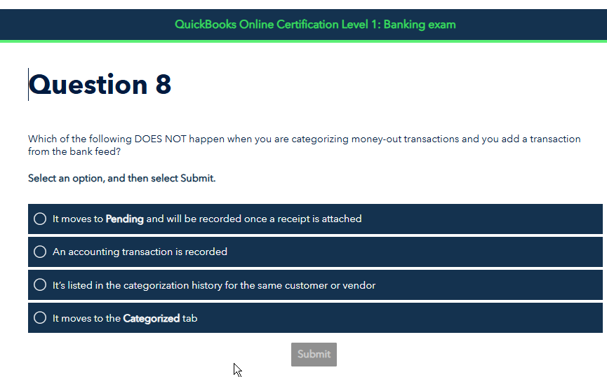 Solved: QuickBooks Online Certification Level 1: Banking exam Question ...